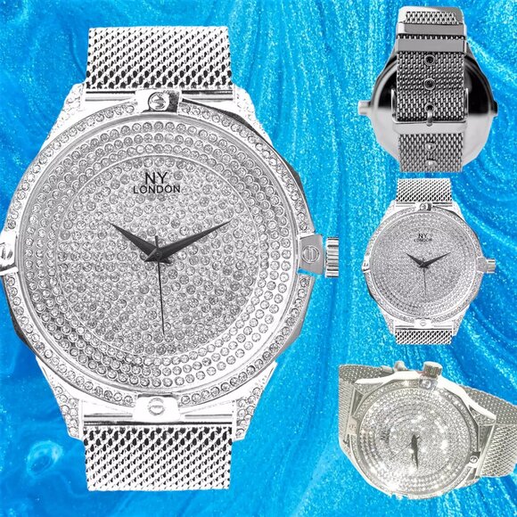 Geneva Platinum | Accessories | Iced Mens Silver Quartz Watch Stainless ...